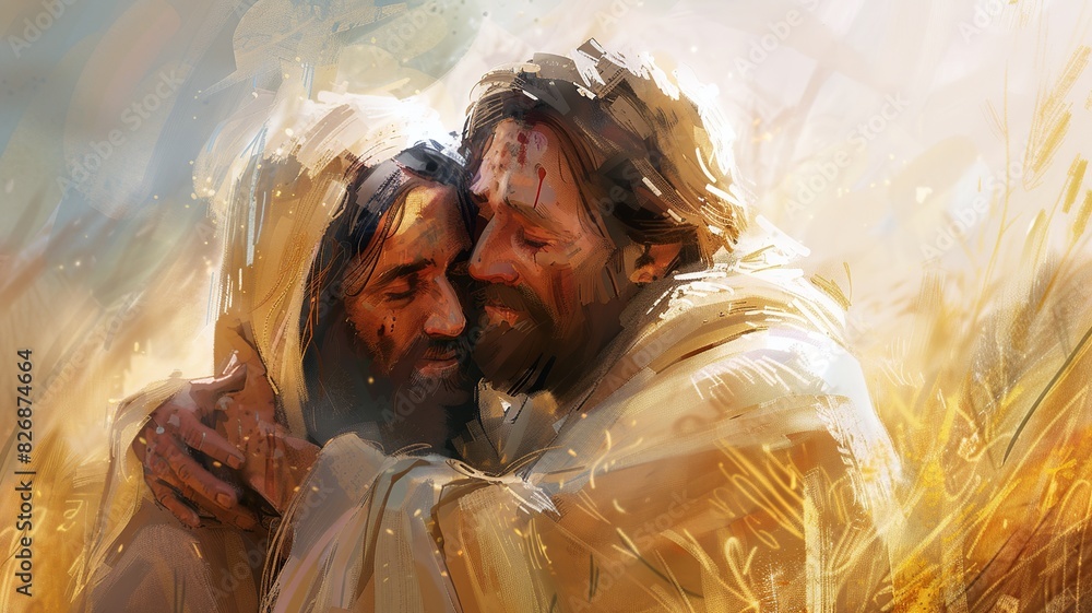 Illustrate a touching cartoon scene portraying Jesus tenderly embracing ...