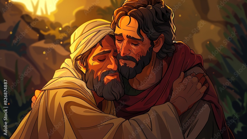 Illustrate a touching cartoon scene portraying Jesus tenderly embracing ...