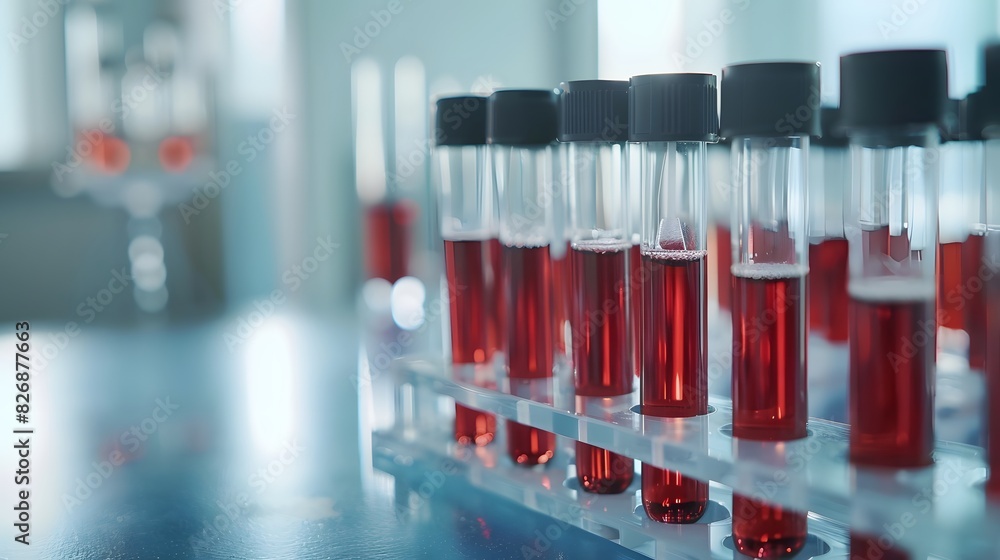 Test tubes rack with blood samples on table in hematology laboratory ...