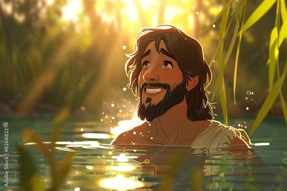 Witness the serene cartoon depiction of Jesus standing in the water ...