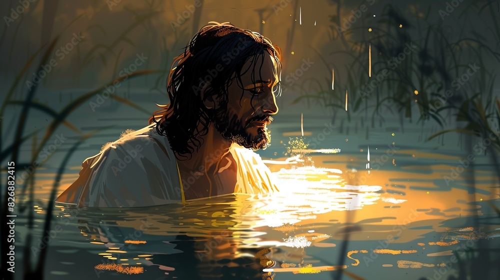 Witness the serene cartoon depiction of Jesus standing in the water ...