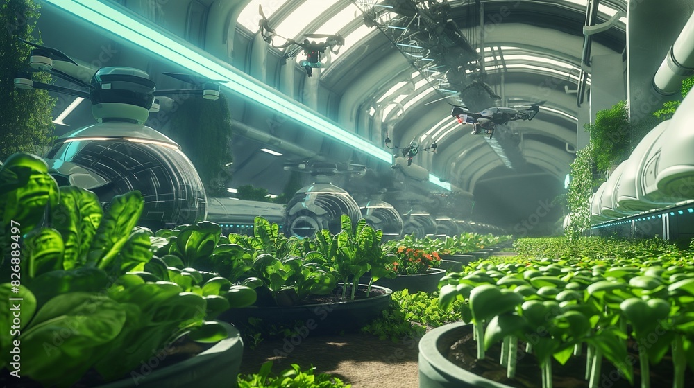 A self-sustaining agricultural farm managed by AI robots, cultivating ...
