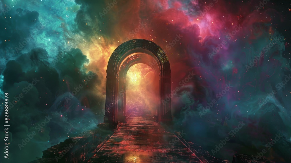 Vibrant spectrum arches transforming into a gateway, merging ...