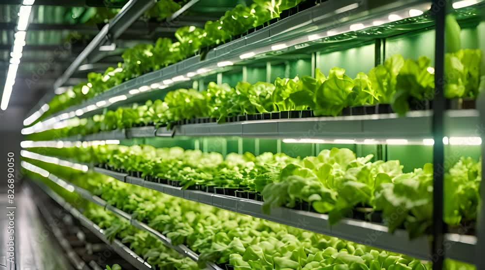 Vertical farm facility, showcasing rows of leafy greens and herbs ...