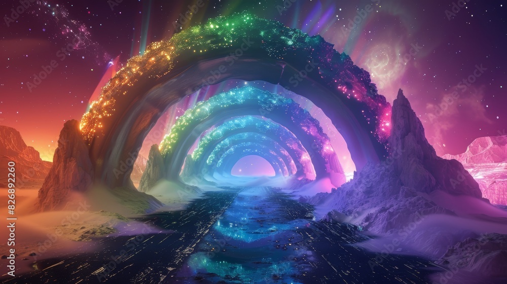 Fantastical parallel world with vibrant spectrum arches transforming ...