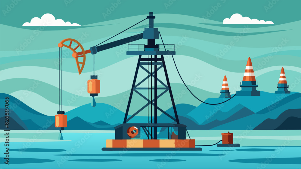 The submersible pump stands tall on a rig surrounded by ropes and ...