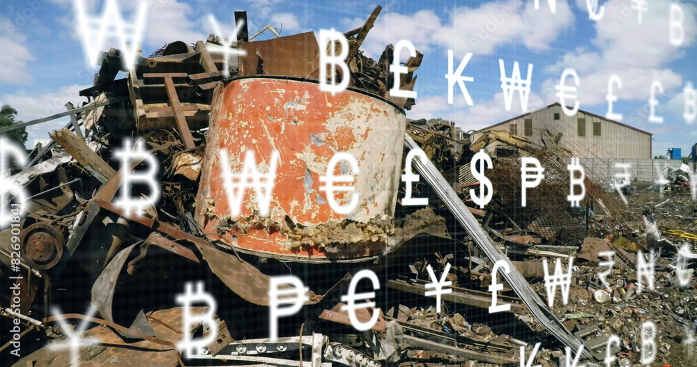 Image of interface with multiple currency symbols against industrial ...