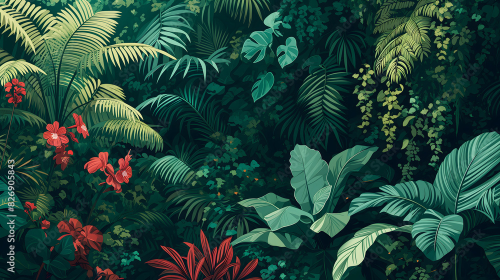 Tropical coral reef with fern leaves on a lush green background ...