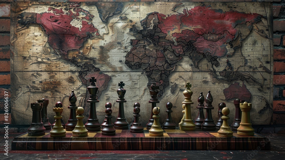 Vintage chess set with world map backdrop - An artistic composition ...