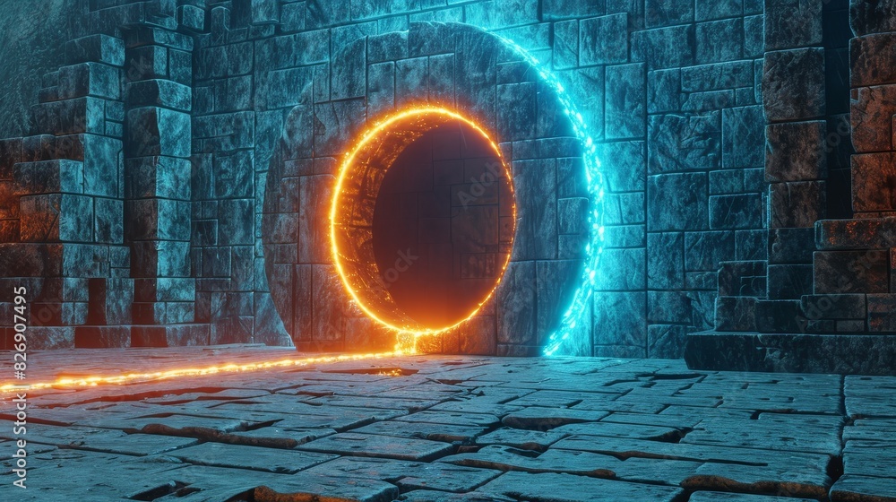 Portal with fire and ice elements on bricks - Fiery and icy portal ...