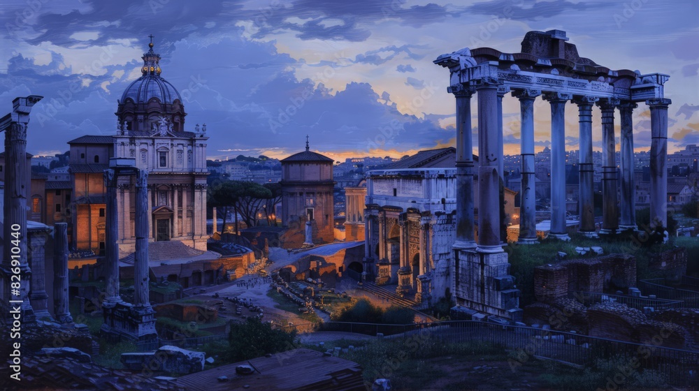 As evening falls, the blue light of dusk envelops the Imperial Forum in ...