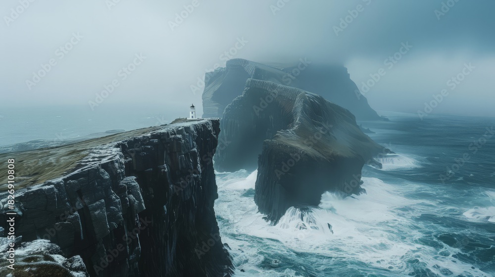 Atop Mykines Holmur, the lighthouse overlooks the dramatic cliffs and ...
