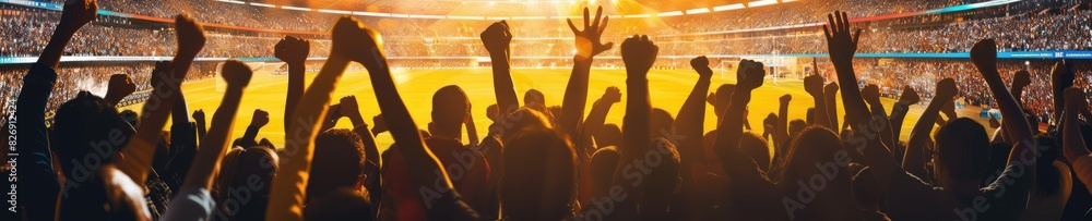 A joyous crowd of fans stands in a stadium, raising their arms in the ...
