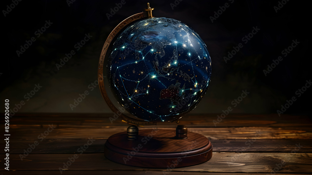 A weathered globe with constellations depicted as glowing ...