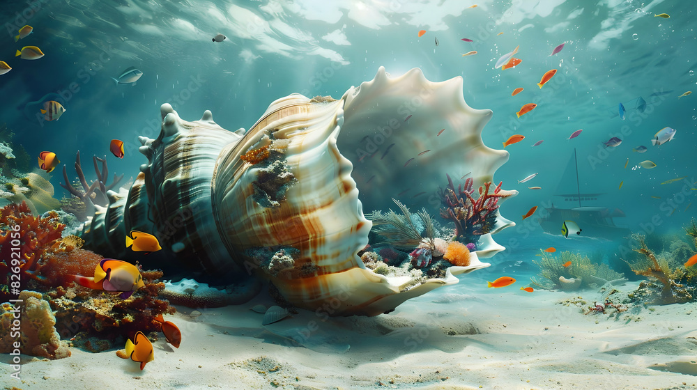 A giant seashell lies on a sandy beach, its interior a miniature ...