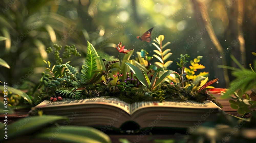 Garden fabulous magic tree and flowers growing out of an open book ...
