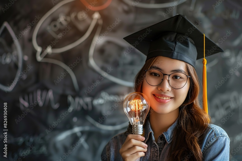 College student girl showing a light bulb for education, E-learning ...