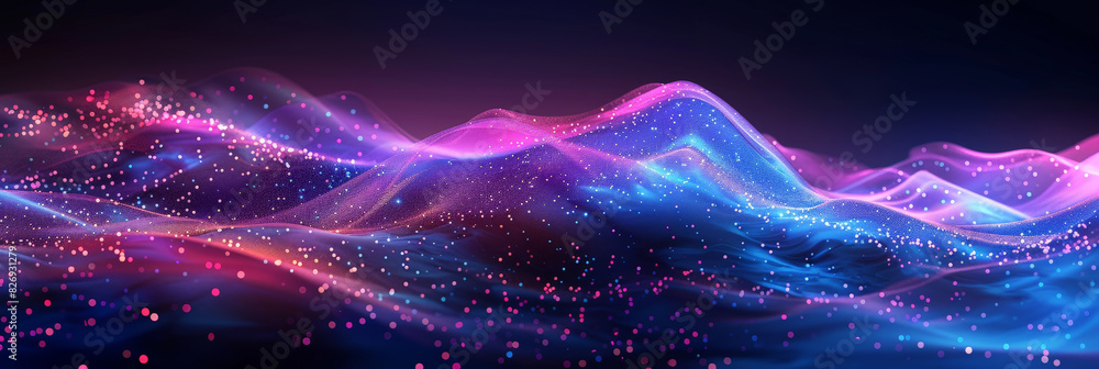 3d dark purple blue neon lines wave dots representing digital binary data. Concept for big data ...