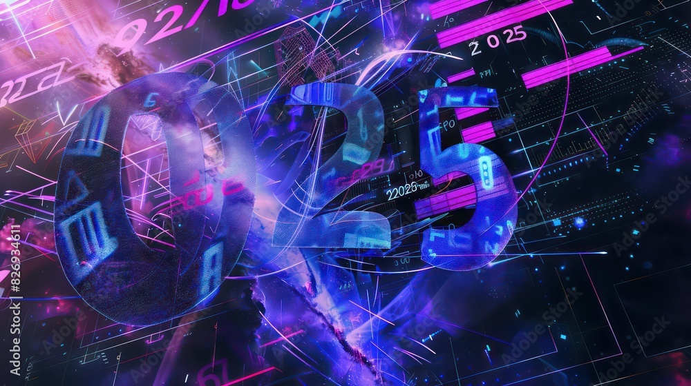 "2025" in vibrant blue and pink and purple overlayed on a digitized ...