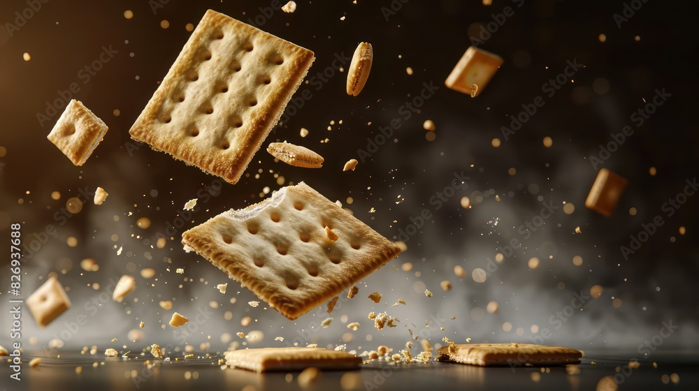 cracker wallpaper breaking in suspension in the air and with crumbs ...