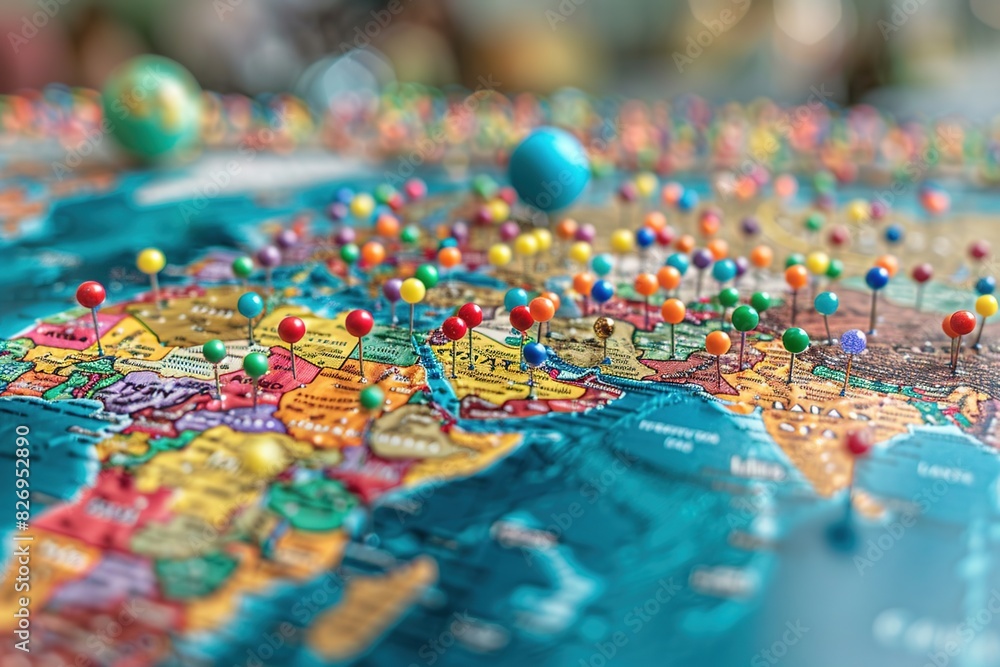 Colorful pins and globes on a world map highlighting global ...