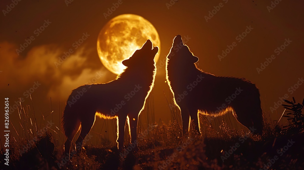 Photograph a family of wolves howling at the moon, their silhouettes ...