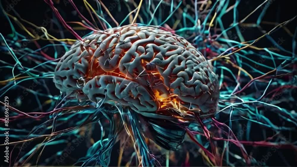 3D illustration rendered human brain with neuron connections ...