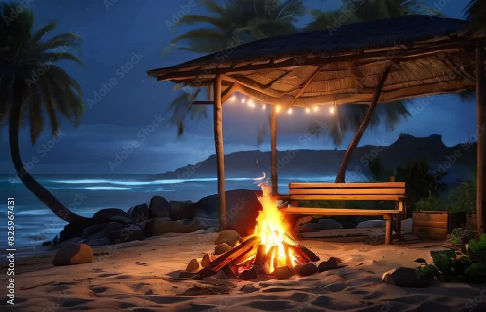 Aesthetic beach resort with a hut with warm fairy lights and campfire ...