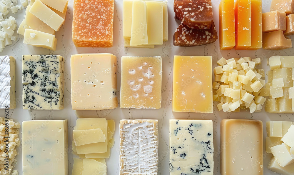Various types of gourmet cheese displayed on a marble surface. Generate ...