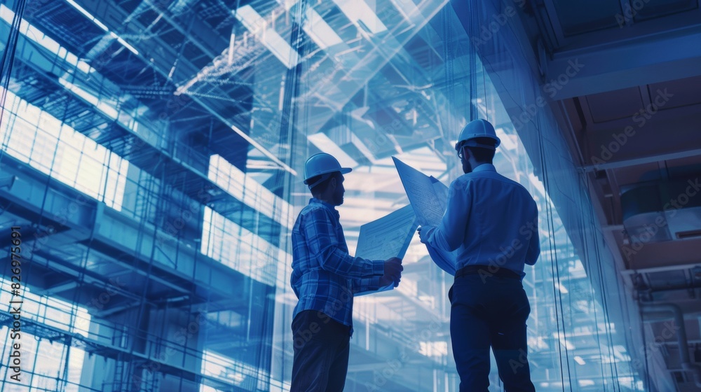 Engineers Discussing Advanced Blueprints for Futuristic Building ...