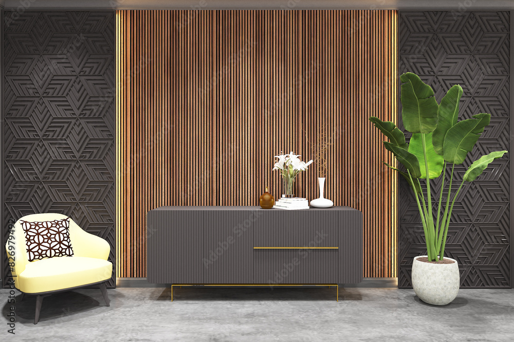 3d render of foyer with laser cut panel, credenza, armchairs, plant ...