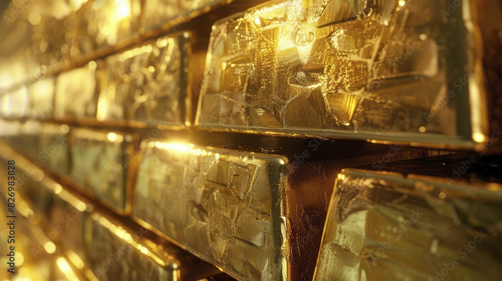 bullion storage, shiny gold bars in stacks, detailed texture, realistic ...