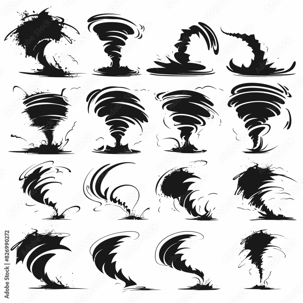 Set of silhouette tornado. Сollection of destructive natural vortex ...