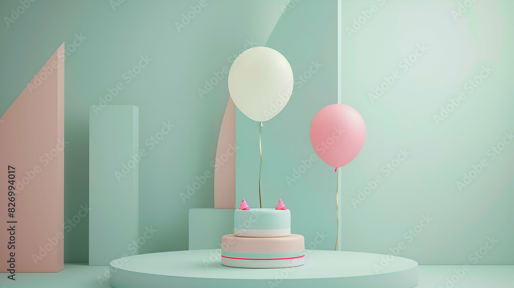 Pastel Birthday Cake with Balloons in Minimalist Setting, A pastel ...