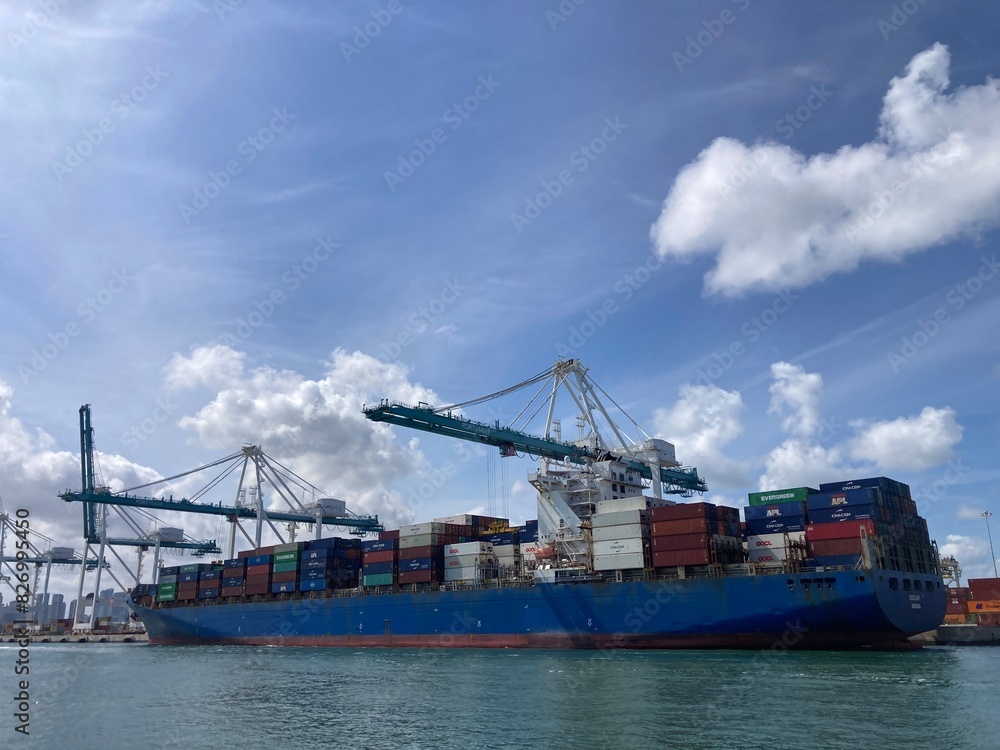 Container ship loaded with stacks of shipping containers is docked at ...