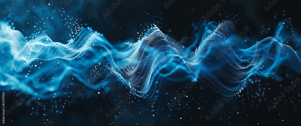 Blue audio wave with white noise on a black background, representing ...