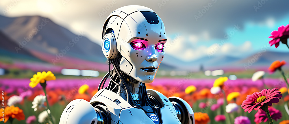 Neon dirty and worn out female humanoid robot, with white casing and ...