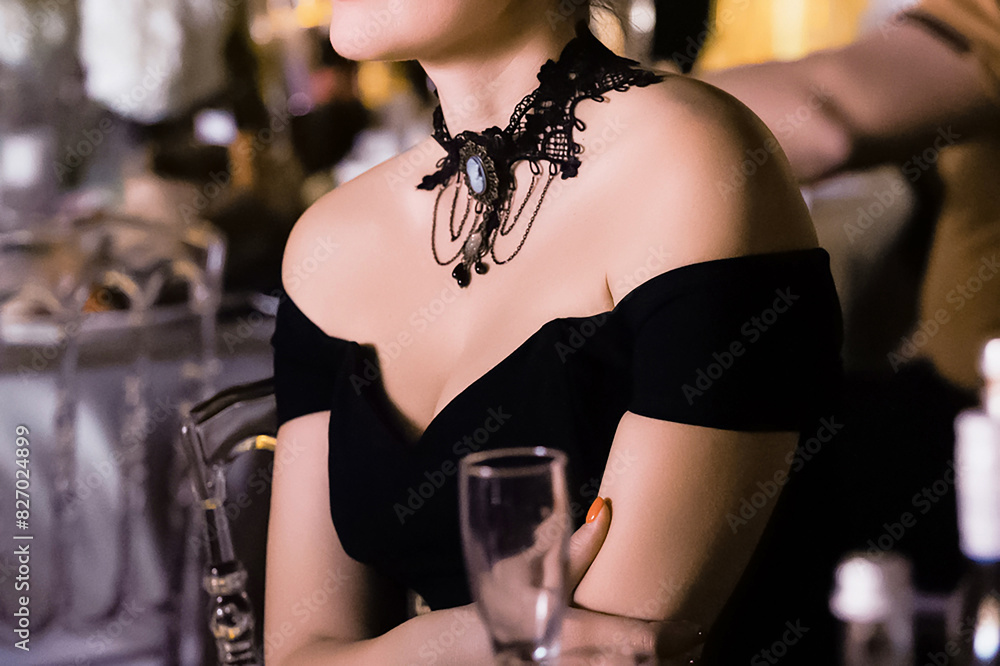 Pretty Woman In A Black Dress With A Cleavage In The Theater Spectator An Elegant Lady In A
