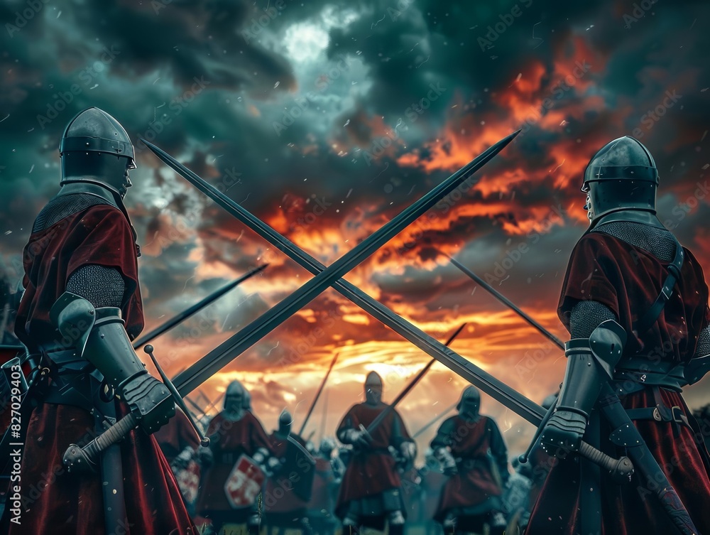 Crossed Swords A dramatic reenactment scene featuring medieval knights ...