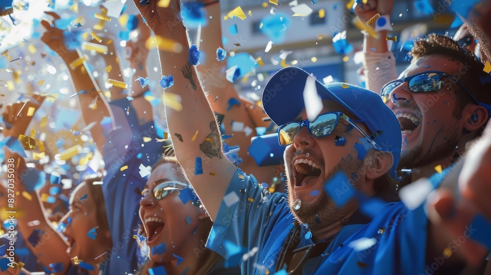 Ecstatic sports fans in blue attire are jubilantly celebrating a team ...