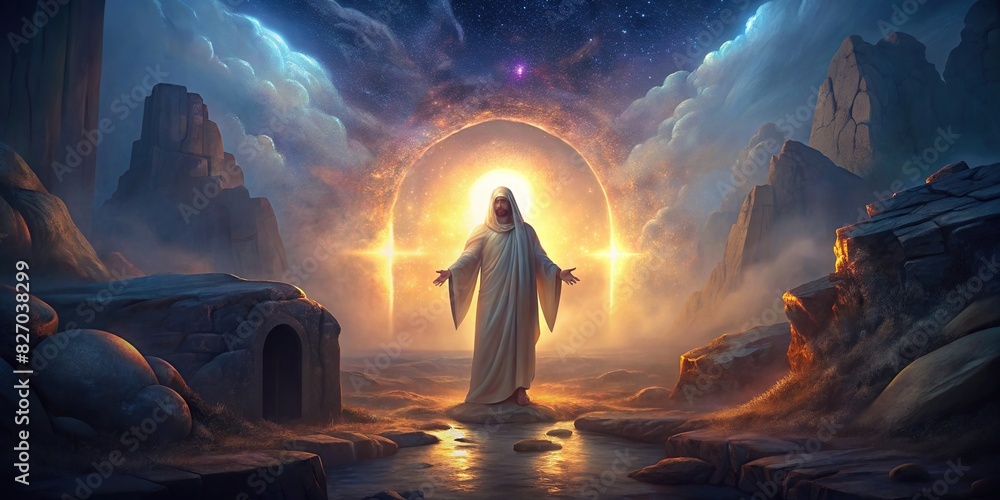 Resurrected Jesus Christ emerging from tomb at dawn in glowing ...