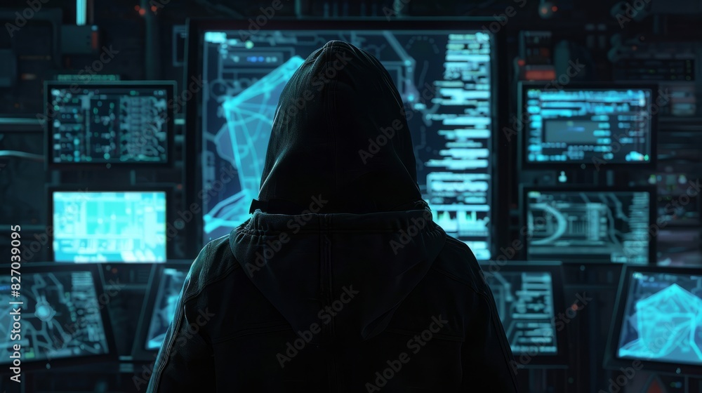 Silhouette of a hooded computer hacker behind multiple displays and ...