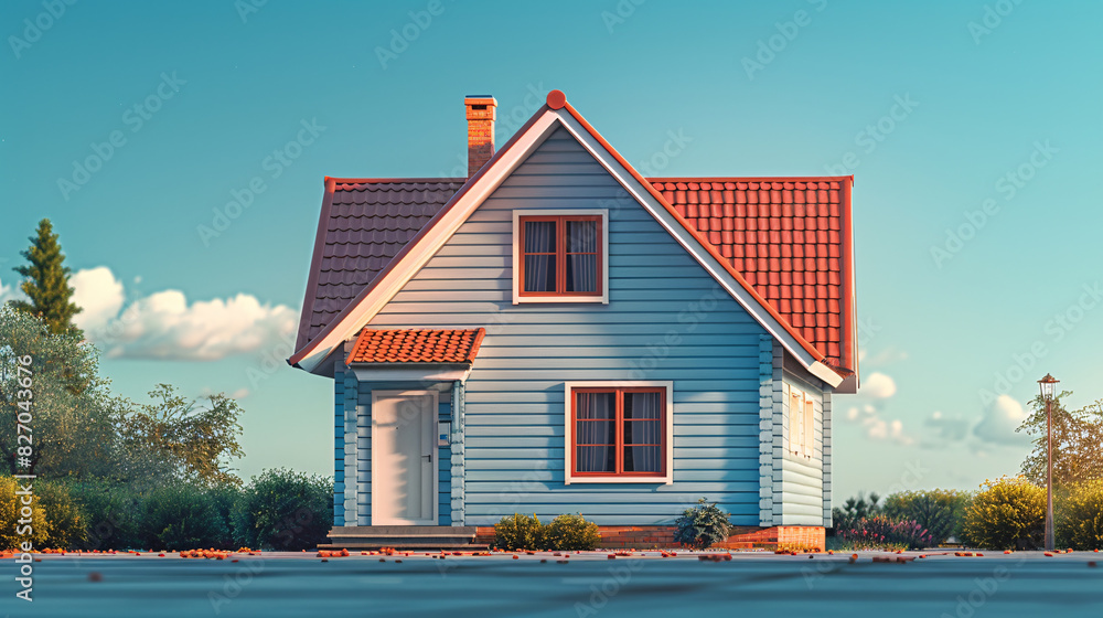 Cartoon-style house with a plastic roof and a blue background Stock ...
