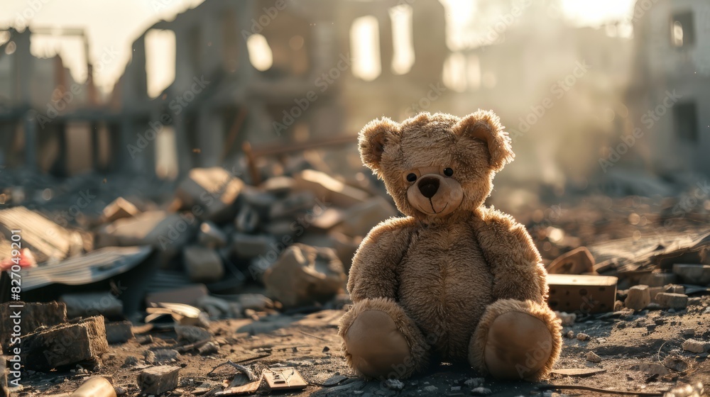 kids teddy bear toy over city burned destruction of an aftermath war ...