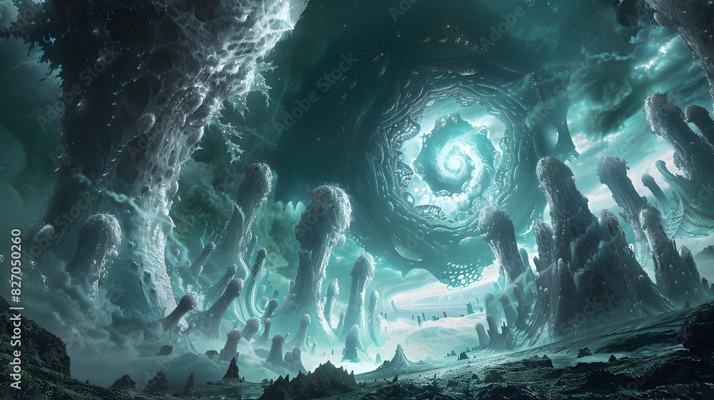 Delve into the enigmatic depths of an otherworldly landscape, where ...