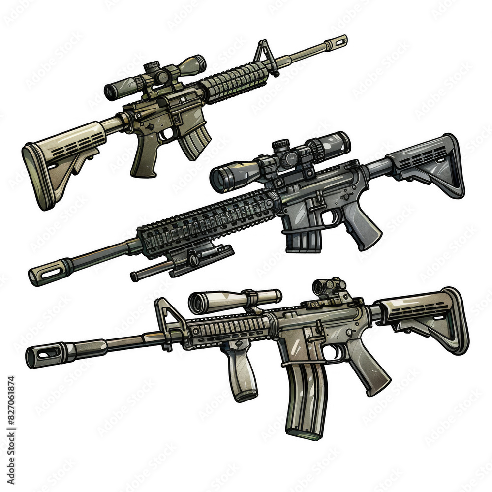 Collection of detailed, high-resolution illustrations of modern assault ...