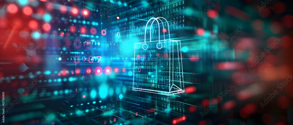 Digital illustration of cyber security and shopping bag icon hologram ...