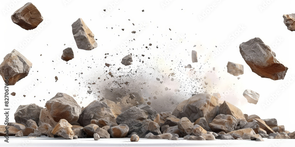 Explosion of rocks with debris scattering in all directions, capturing ...