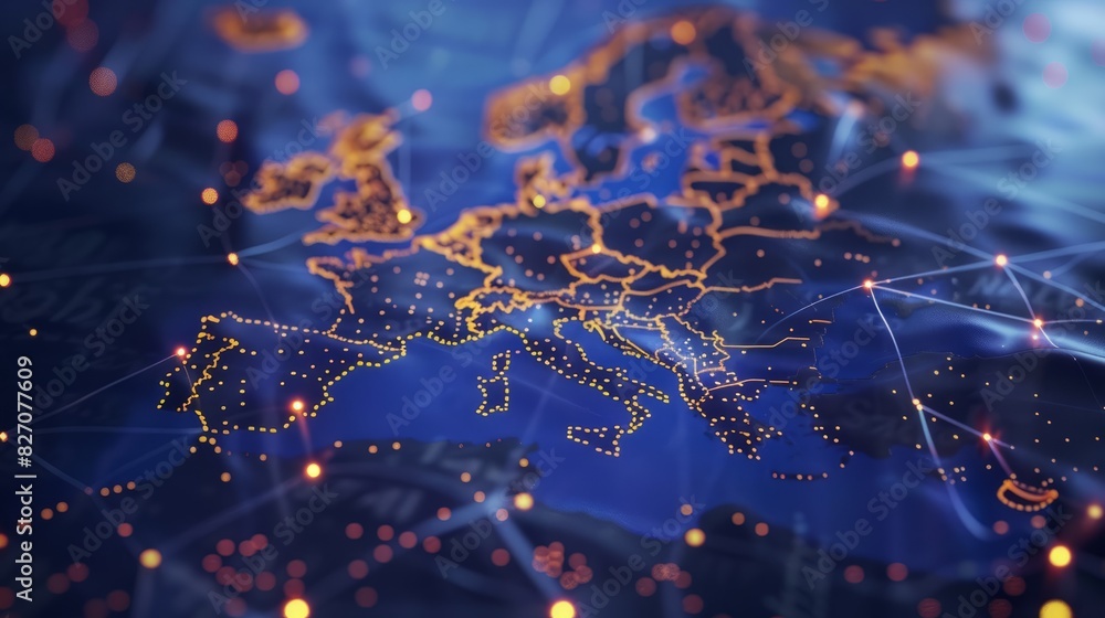 Digitalization in Europe. EU flag goes over into digital data lines and ...