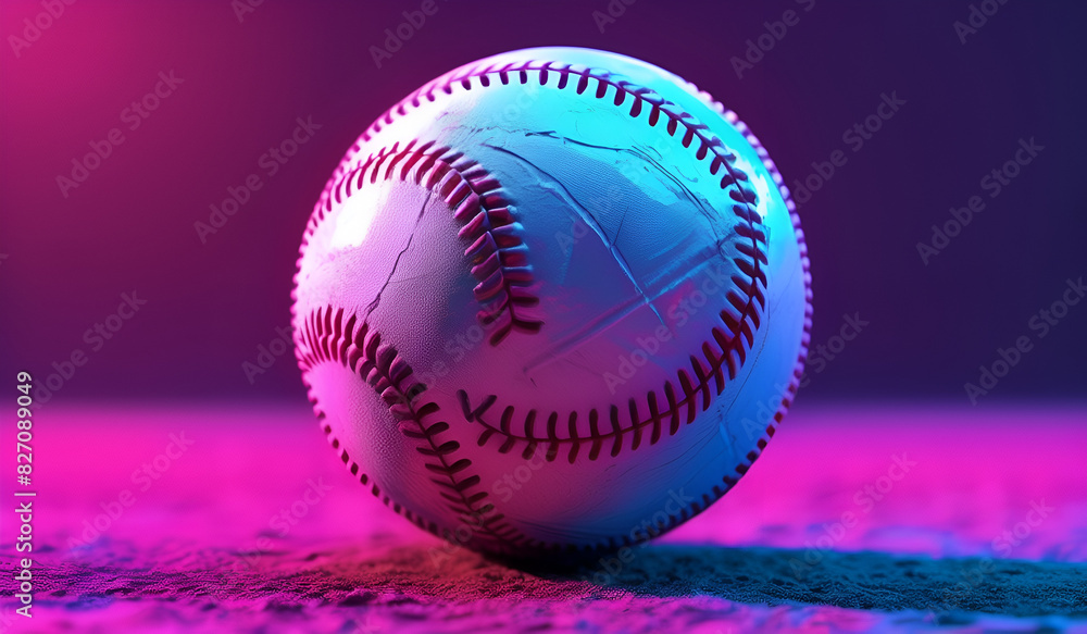 View of softball with white background blue and yellow neon lights are ...